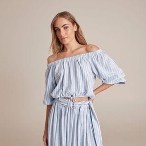 Linen Blended Off Shoulder Blouson Blouse | Target Australia