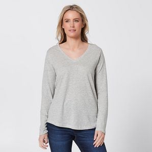 Linen Blend V-Neck Top - Grey Marle Stripe | Target Australia
