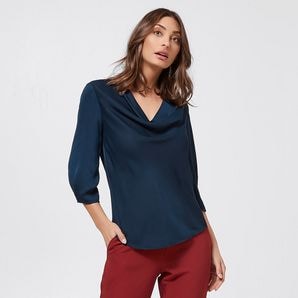 Preview Elbow Sleeve Woven Cowl Neck Top - Navy Blue | Target Australia