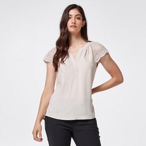 Preview Lace Sleeve Woven and Knit Shell Top - Champagne | Target Australia